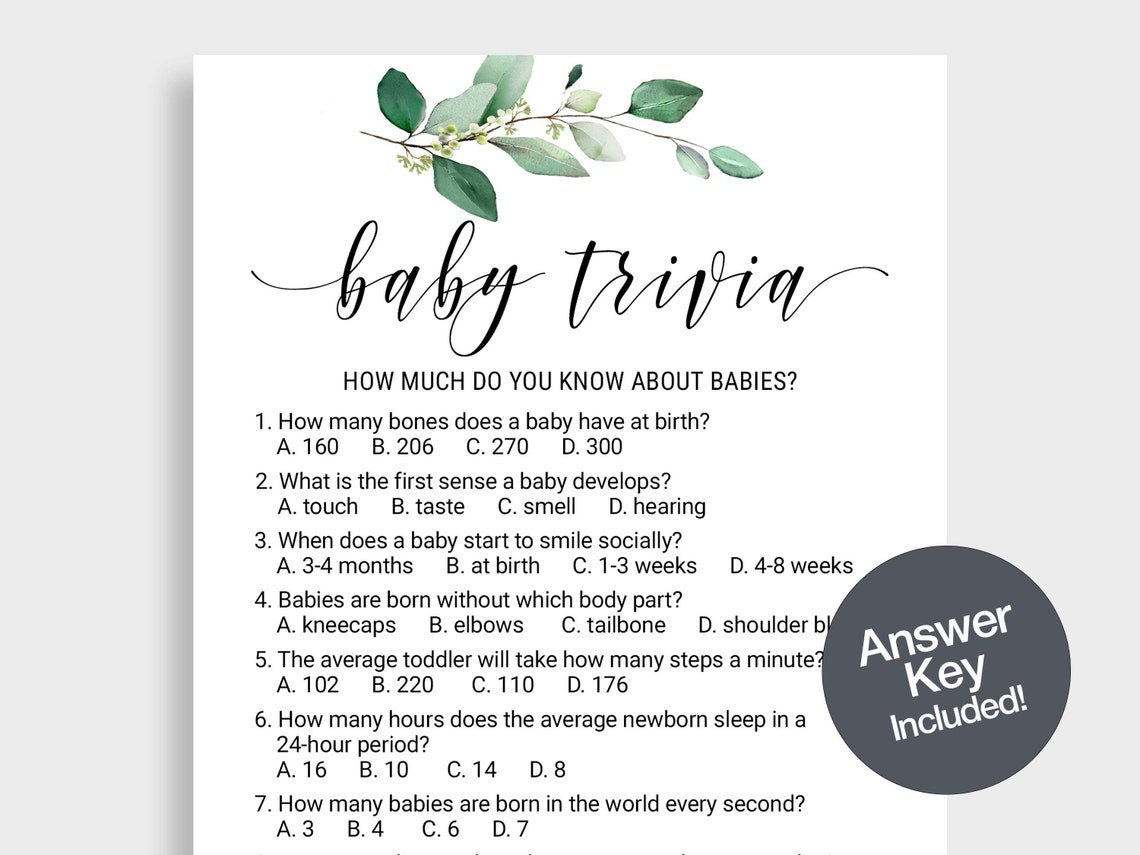 Baby Trivia Game Baby Shower Trivia Baby Shower Party Game Cards Leaves ...
