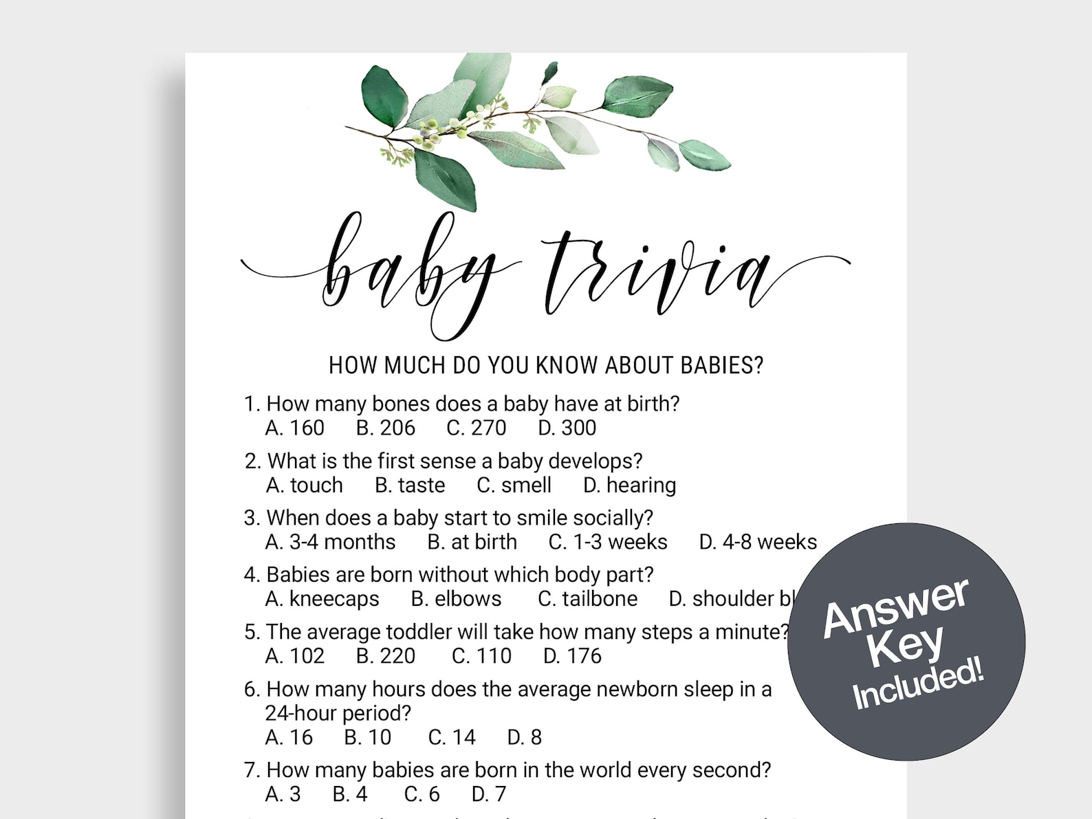 Greenery Baby Trivia Game, Shower Party Cards (printable) KMX2 - Etsy