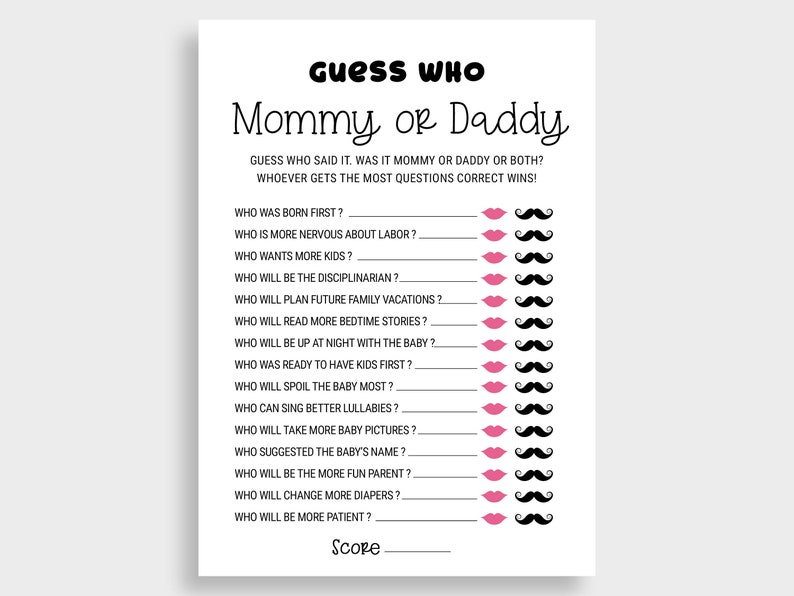 Mommy or Daddy Guess Who Baby Game Printable Baby Shower Games Mom or ...
