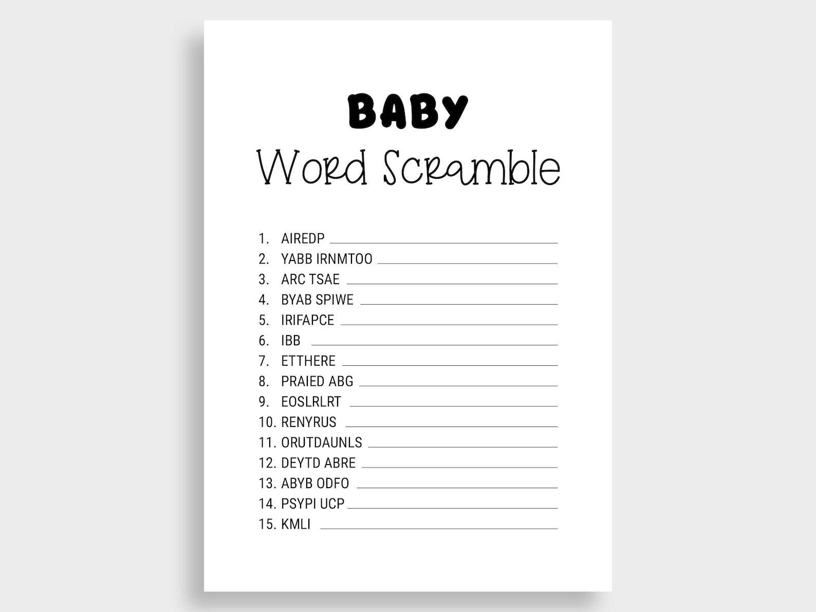 Baby Shower Word Scramble Game With Answer Key - Baby Word Game ...