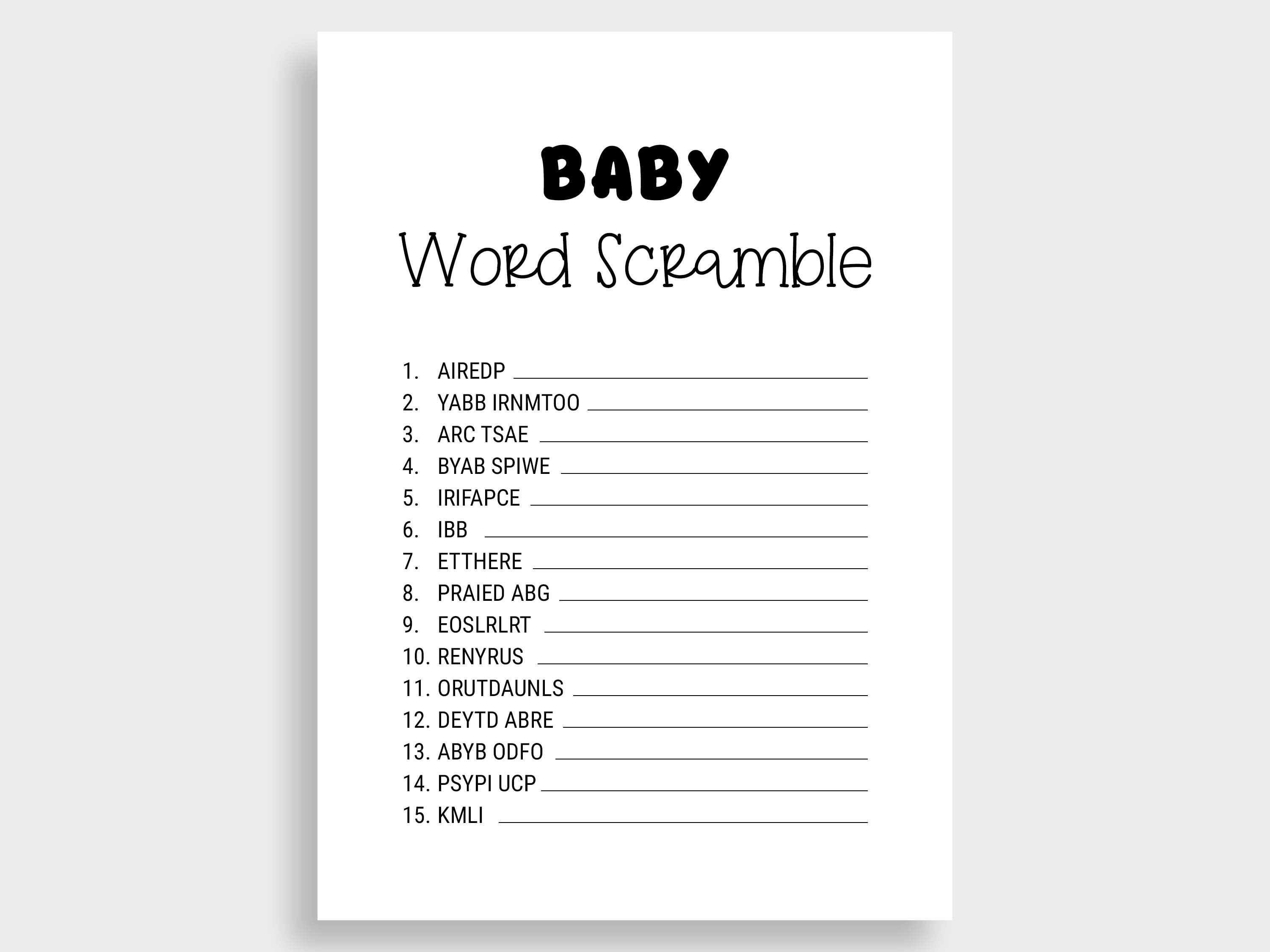 Baby Shower Word Scramble Game With Answer Key - Baby Word Game ...