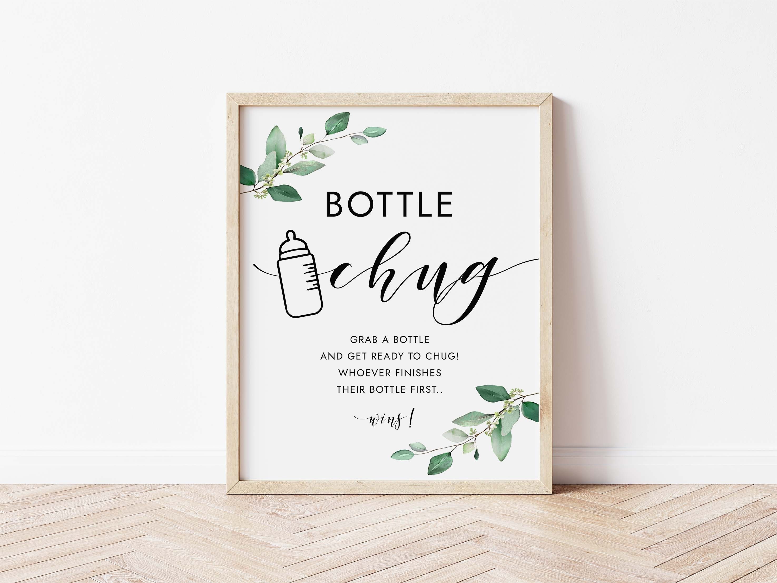 Bottle Chug Sign Game, Greenery Baby Shower, Baby Bottle Chug, Baby ...