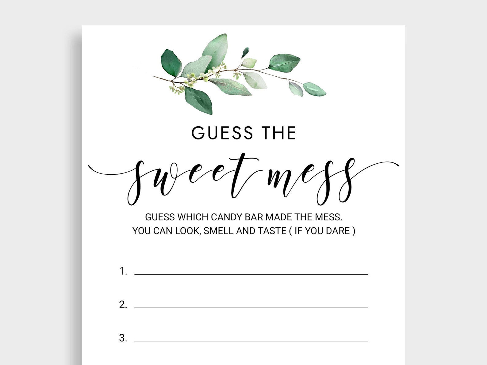 Guess the Sweet Mess Baby Shower Candy Bar Game Green Leaves Baby ...