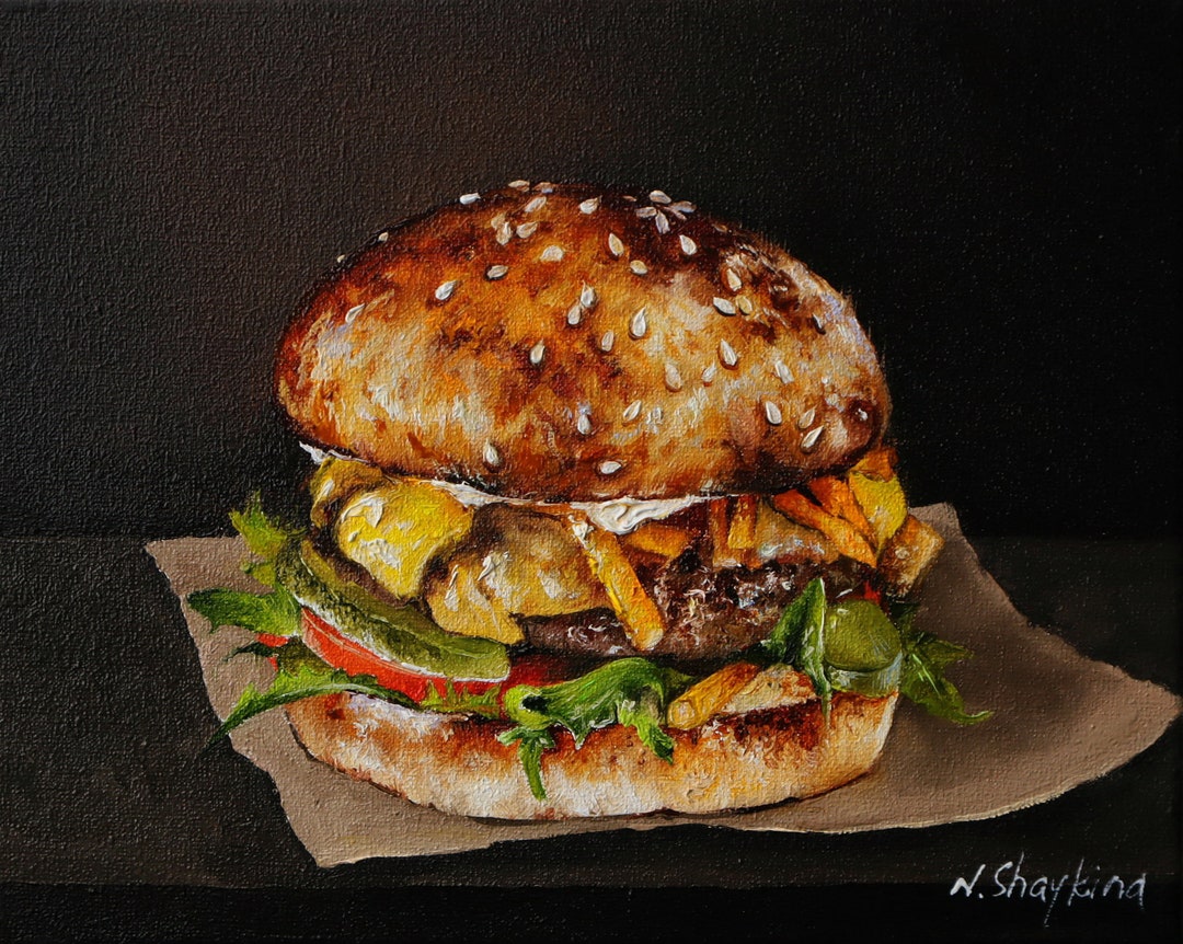 Burger Oil Painting, Fast Food Artwork Original by Natalia Shaykina ...
