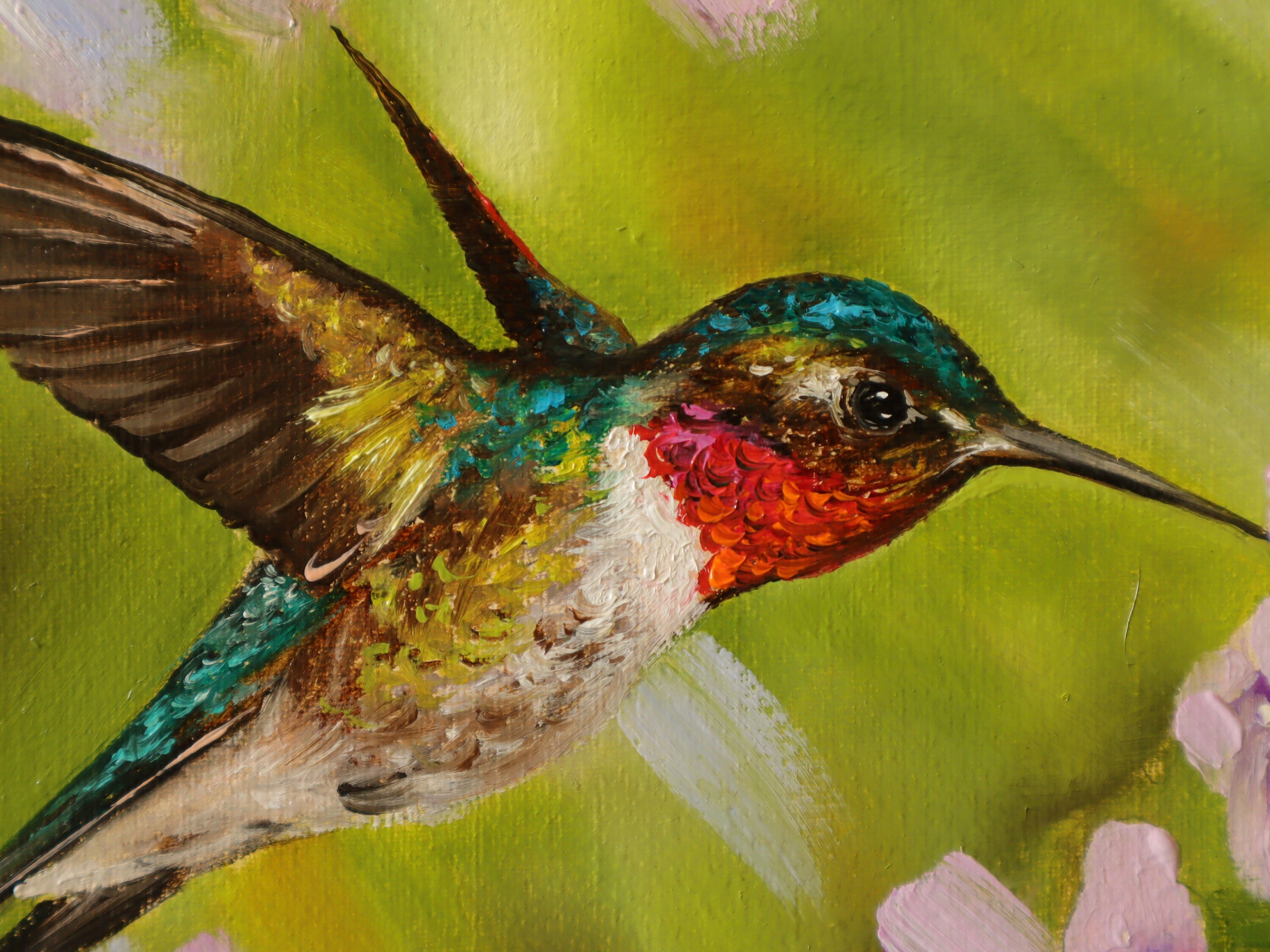 Original Hummingbird Oil Painting: Pink Flower and Bird Canvas Art - Etsy