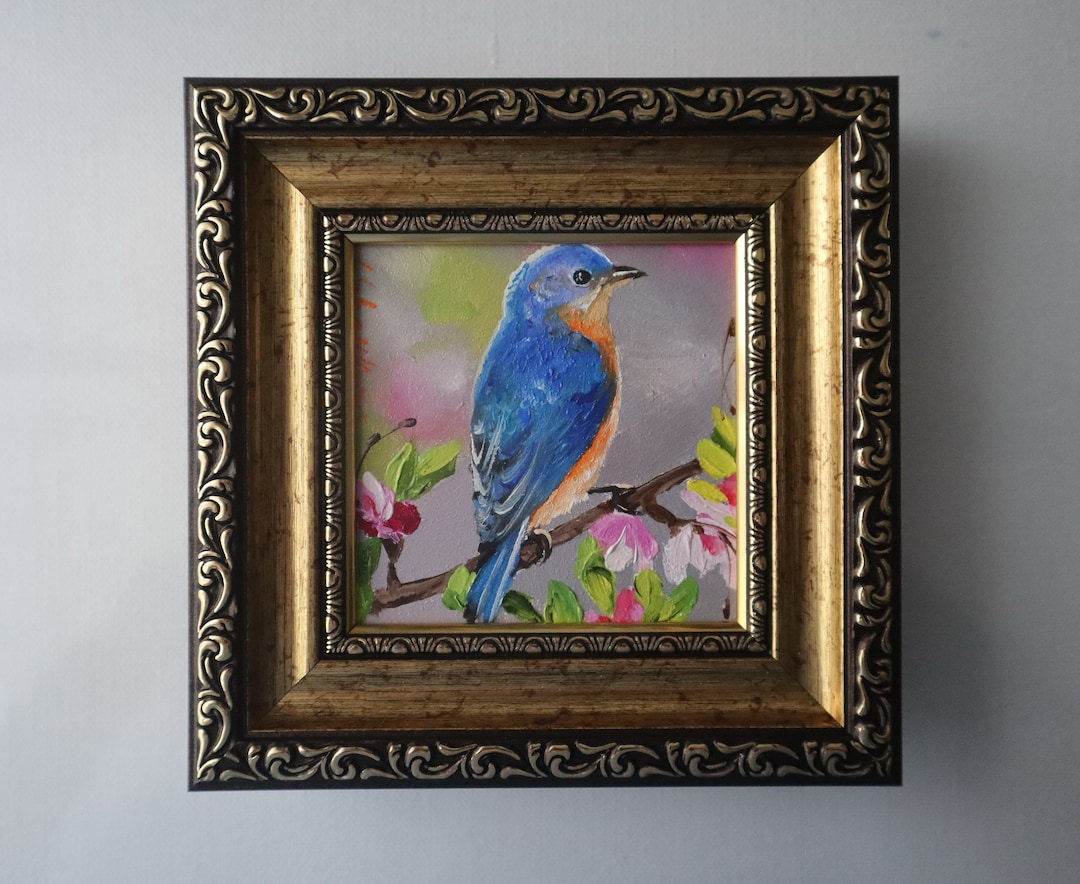 Original Oil Paintiung Bluebird, Bird Painting Framed 4x4, Blue Bird ...