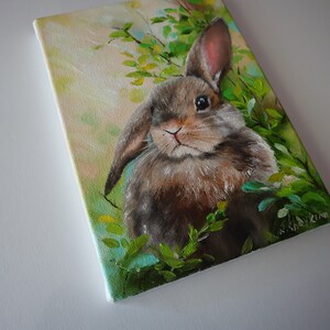 Original Rabbit Oil Painting Canvas, Cute Bunny in Green Grass, Nursery ...