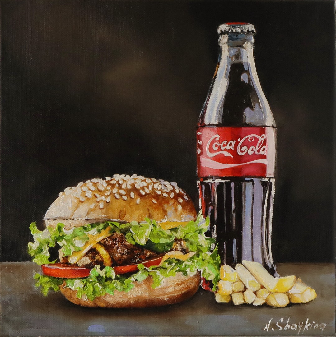 Burger Oil Painting, Fast Food Kitchen Wall Art, Original Art Canvas ...