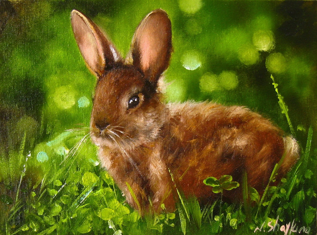 Rabbit Original Oil Painting, Easter Bunny on Canvas, Clover Art, St ...