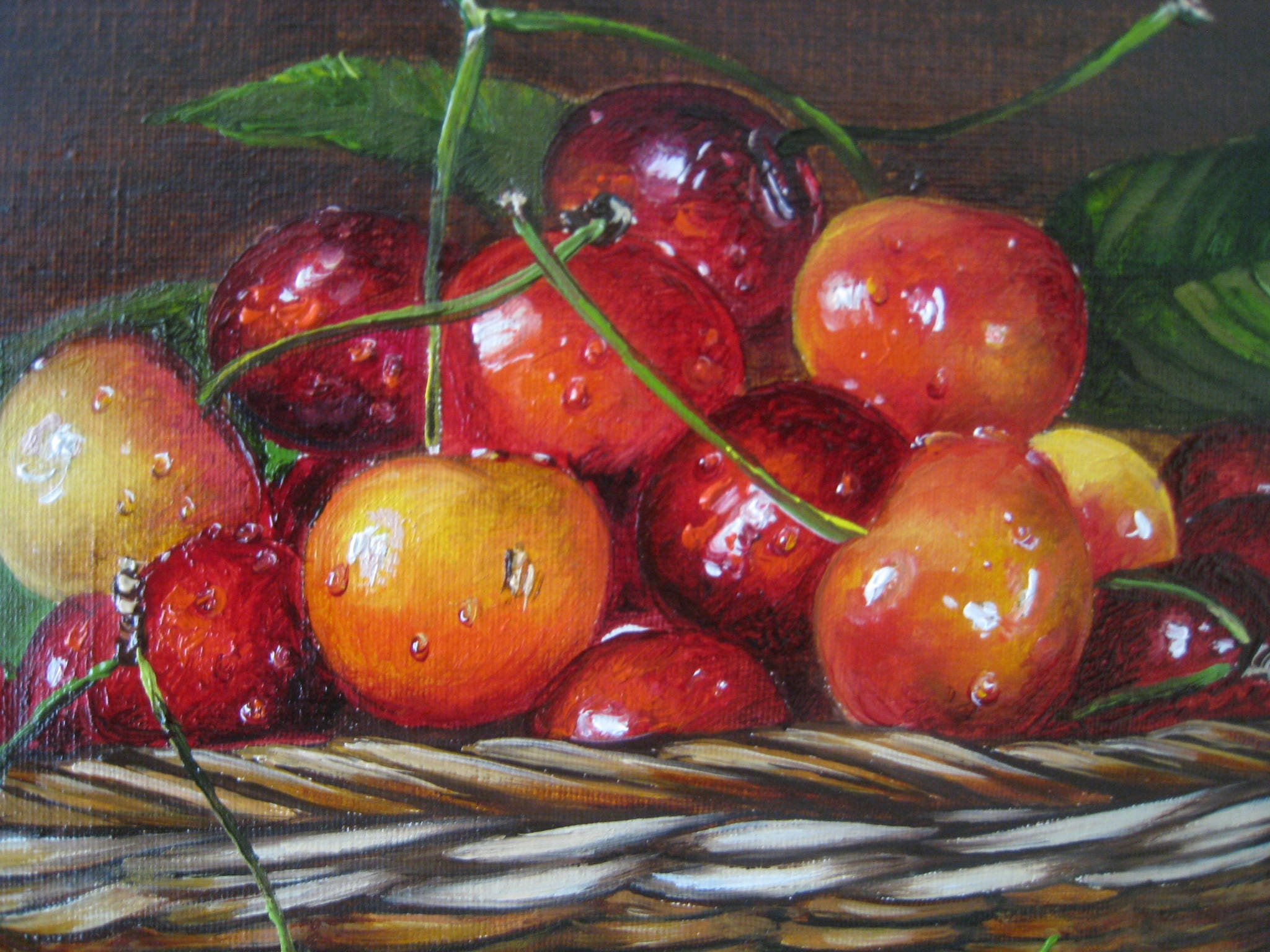Original Cherry Oil Painting, Realistic Cherries Canvas Small Art ...
