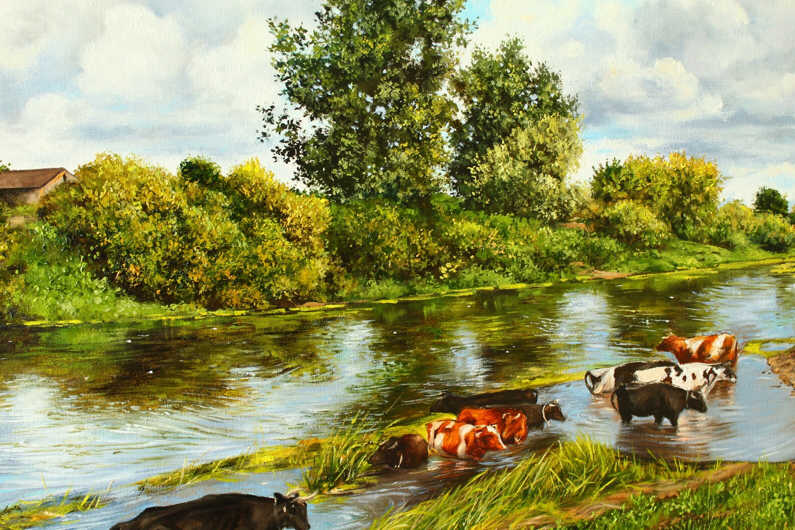 COWS IN PASTURE Landscape Oil Painting Original, Cow Wall Art, Grass ...