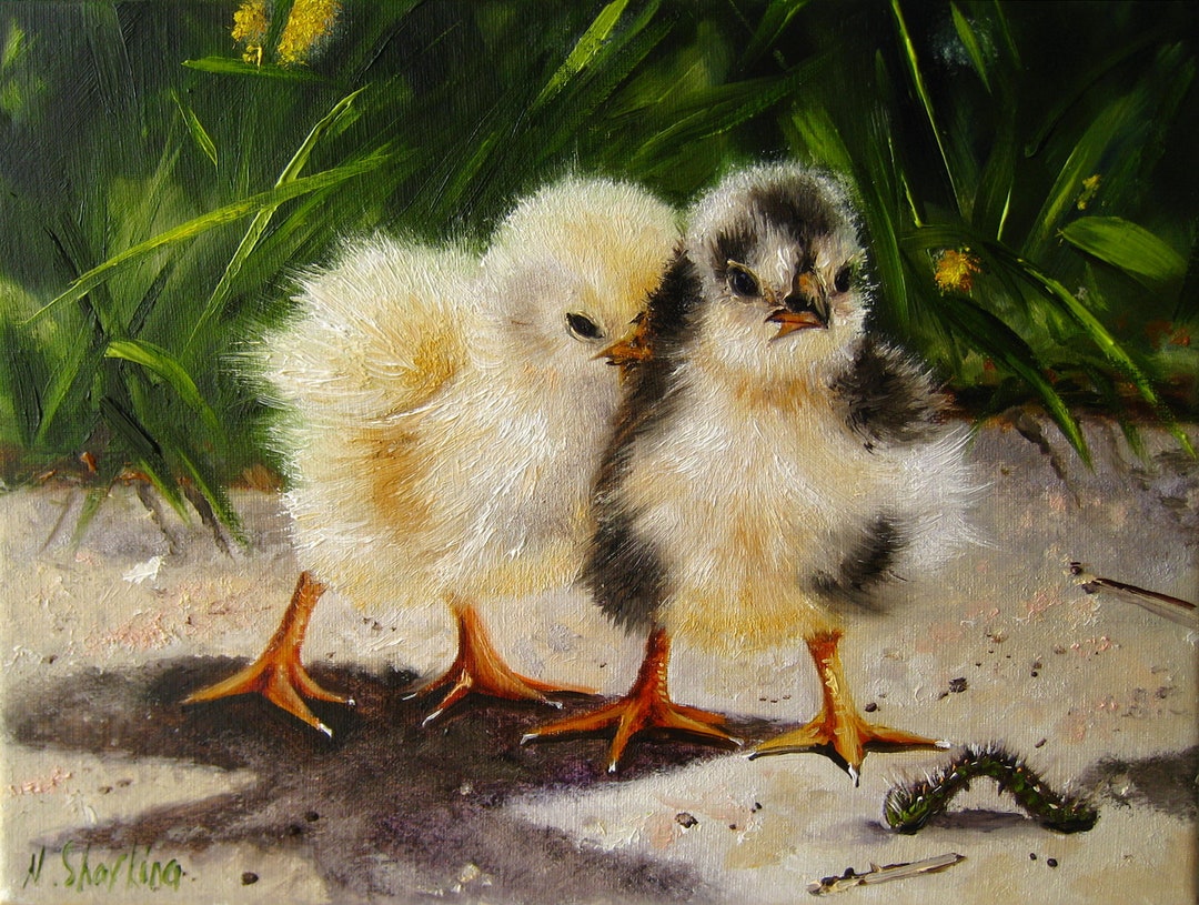 Baby Chicks Oil Painting on Canvas, Cute Farm Animal Art, Yellow Chick ...