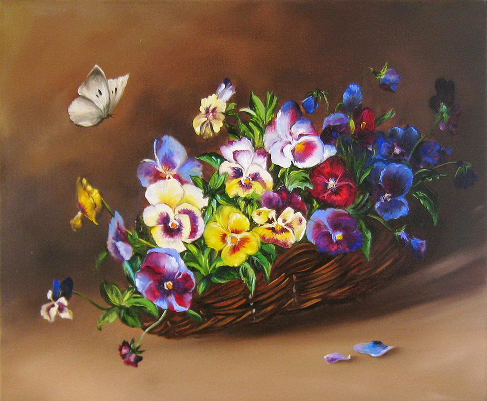 Pansies Oil Painting, Original Floral Still Life Pansy in Rustic Basket ...