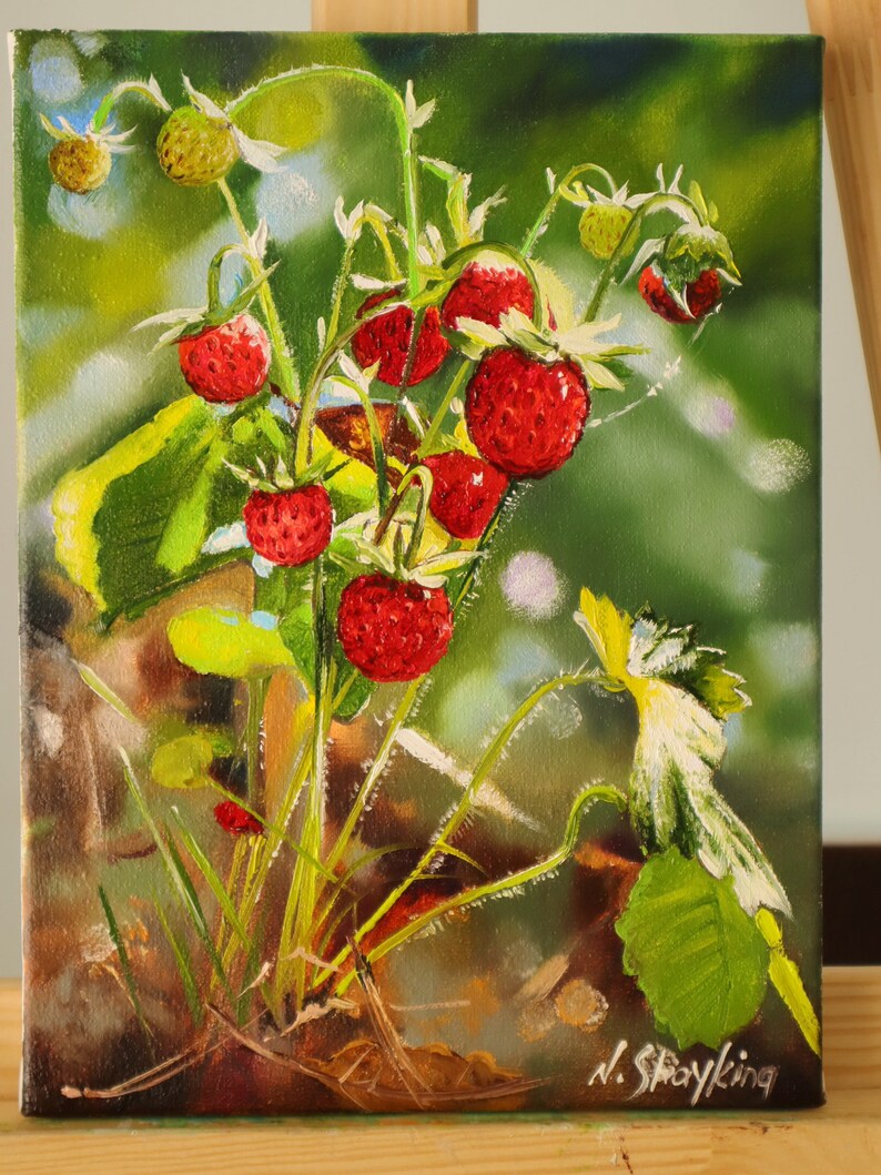Original Oil Painting Strawberry Bouquet, Wood Scene Paintings on ...