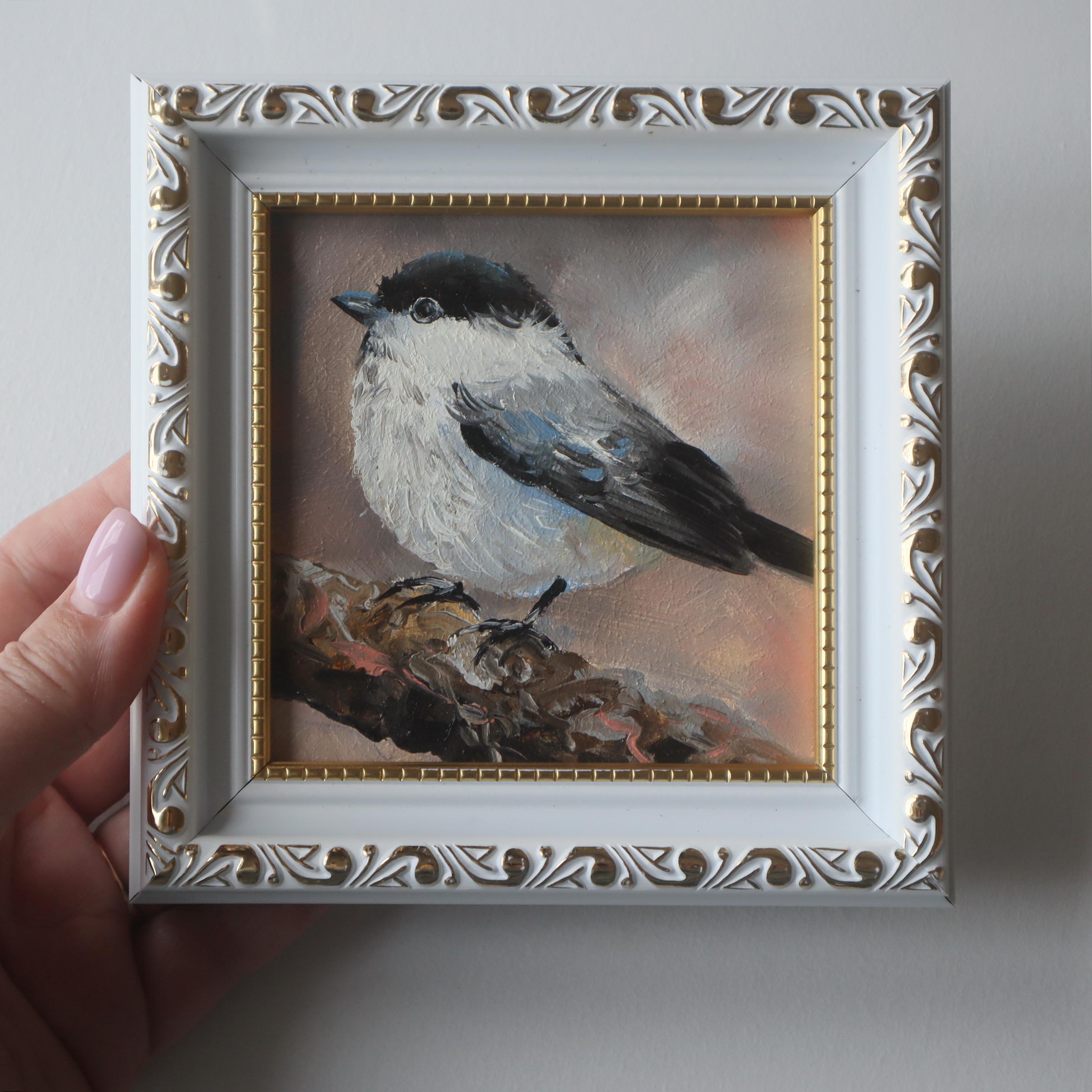 Chickadee Bird Painting Oil, Small Framed Art, Miniature Bird Wall ...