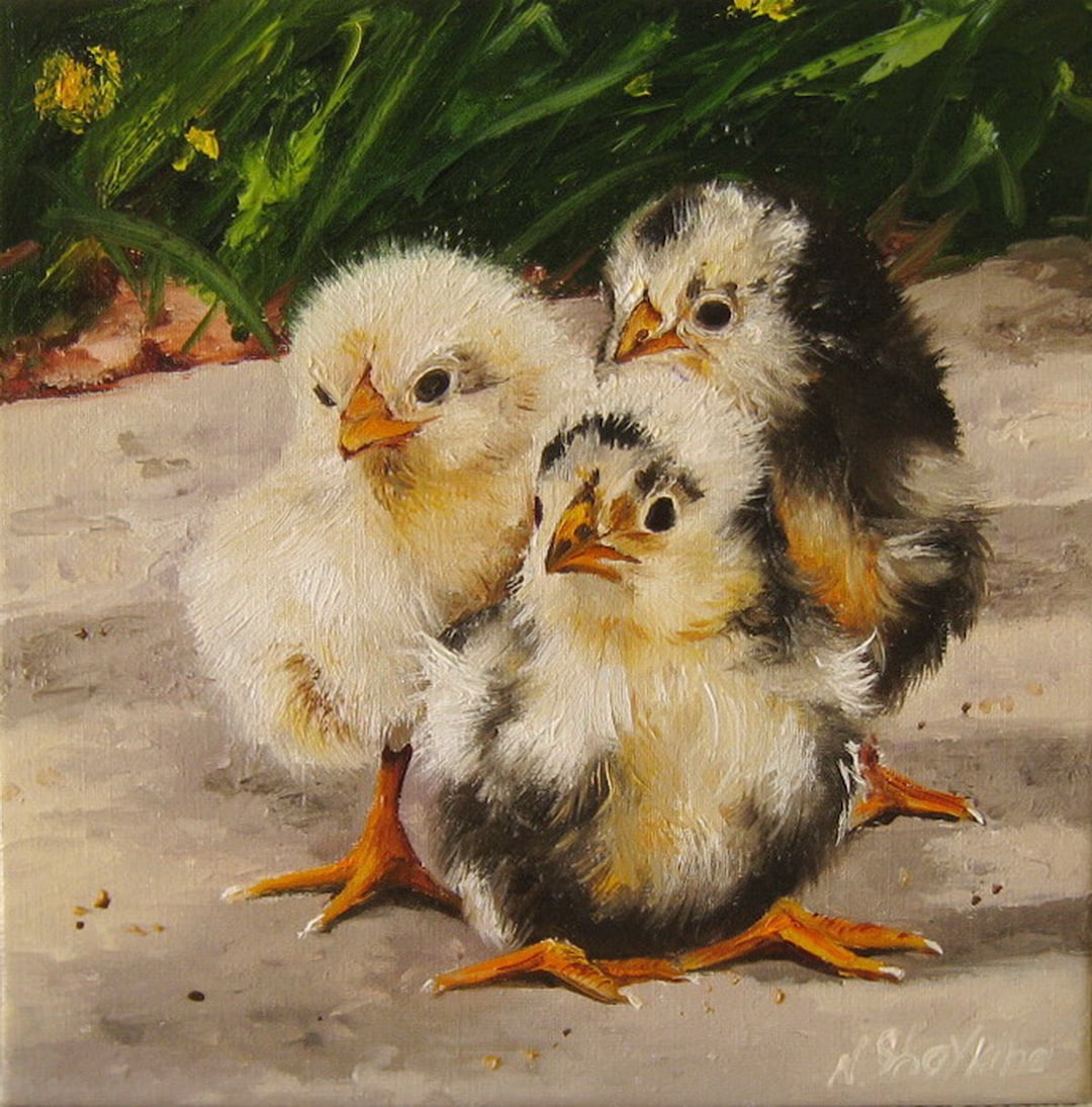 Original Chick Oil Painting on Canvas, Three Baby Chicks Artwork, Cute ...