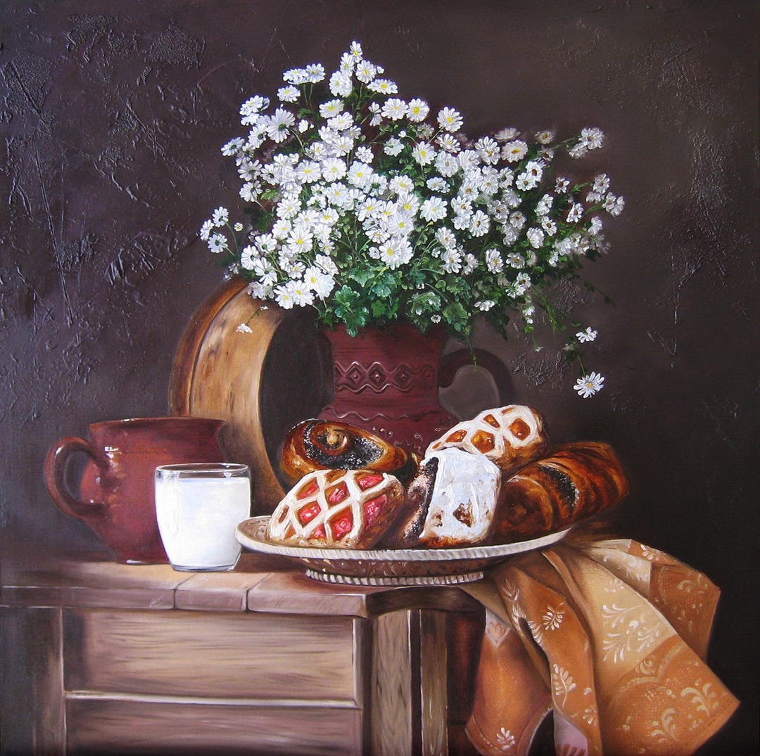Original Rustic Bread Still Life Oil Painting on Canvas, Farmhouse ...