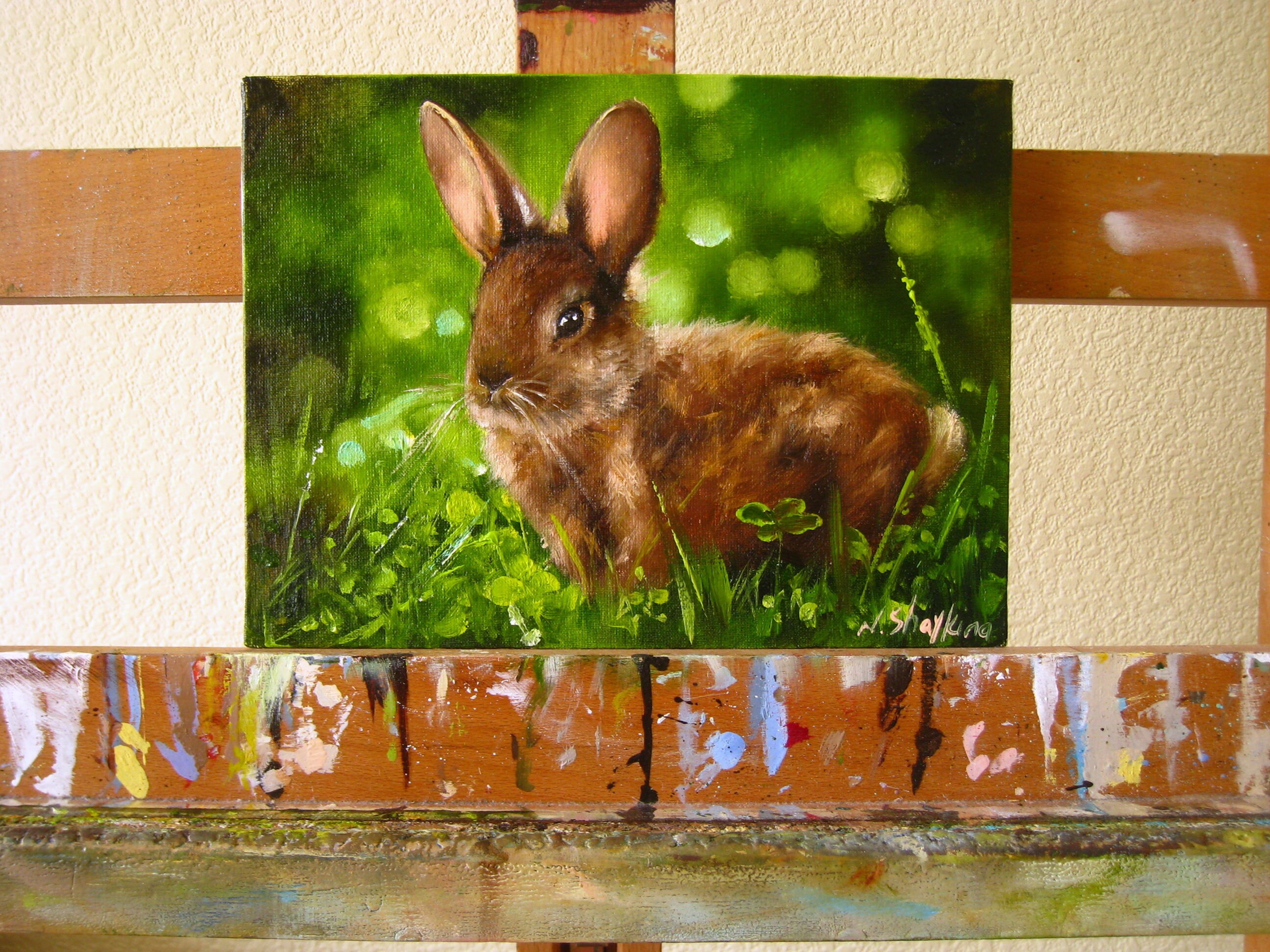 Rabbit Original Oil Painting, Easter Bunny on Canvas, Clover Art, St ...