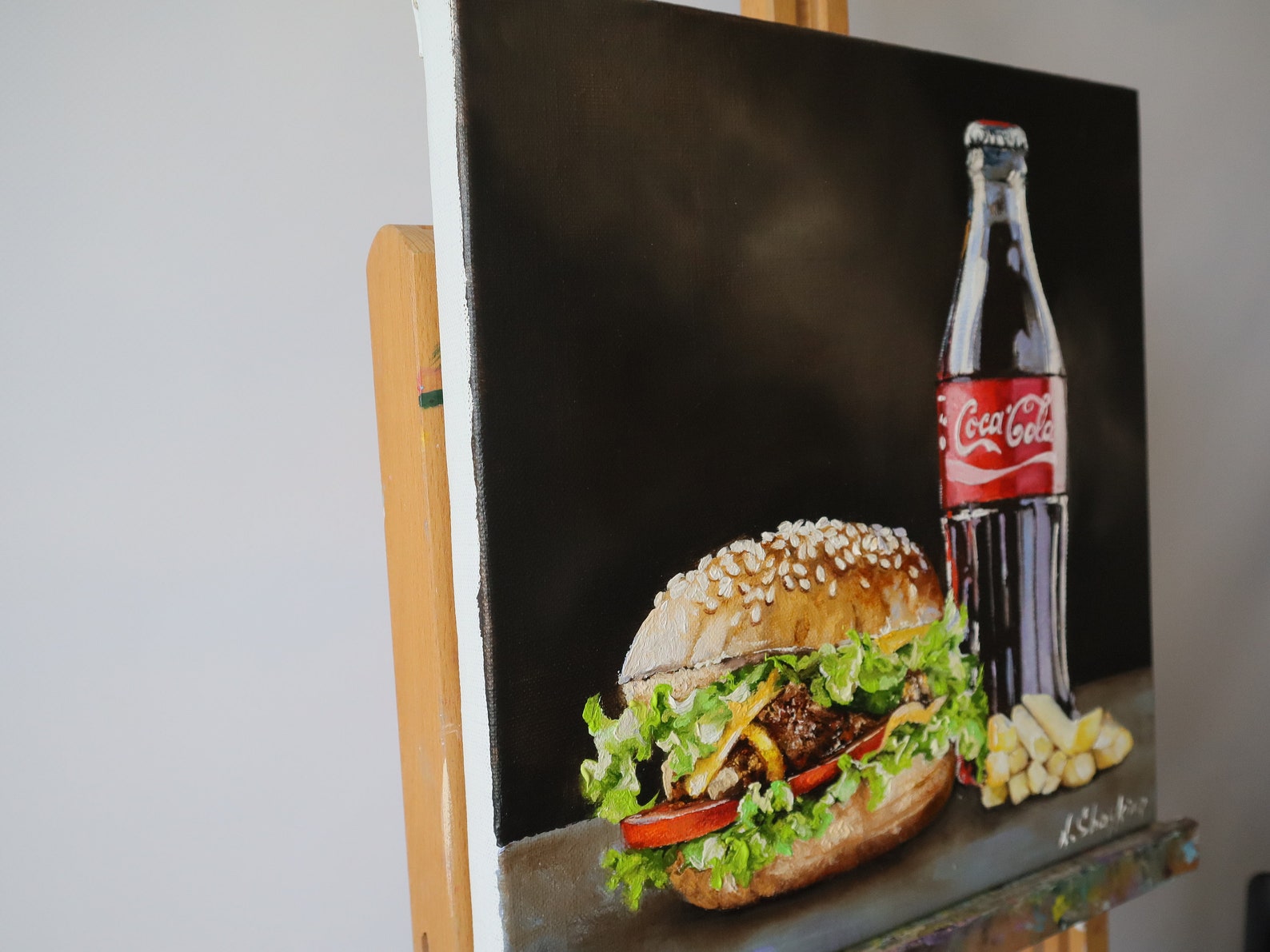 Burger Oil Painting, Fast Food Kitchen Wall Art, Original Art Canvas ...