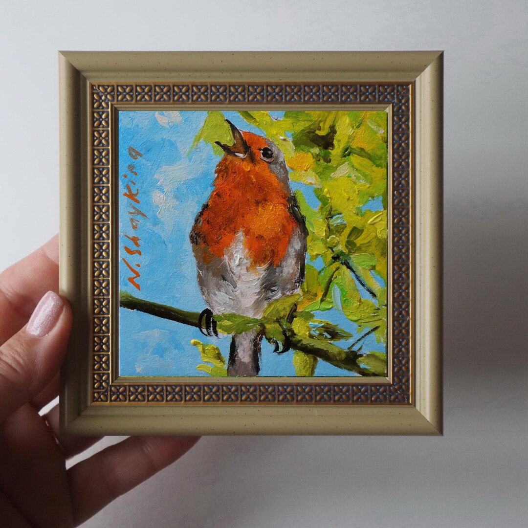 Robin Bird Artwork Original, Bird Painting in Frame, Cozy Wall Art ...