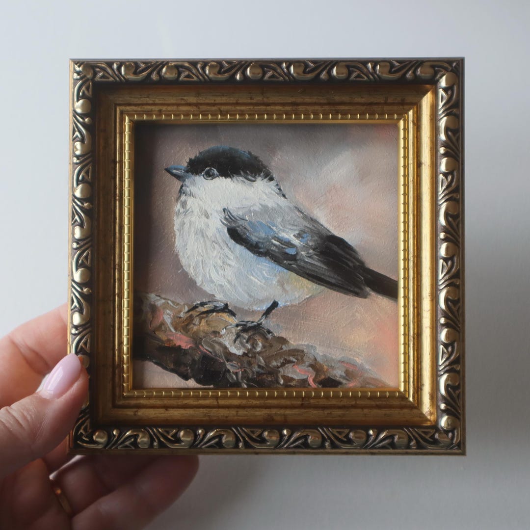 Chickadee Bird Painting Oil, Small Framed Art, Miniature Bird Wall ...