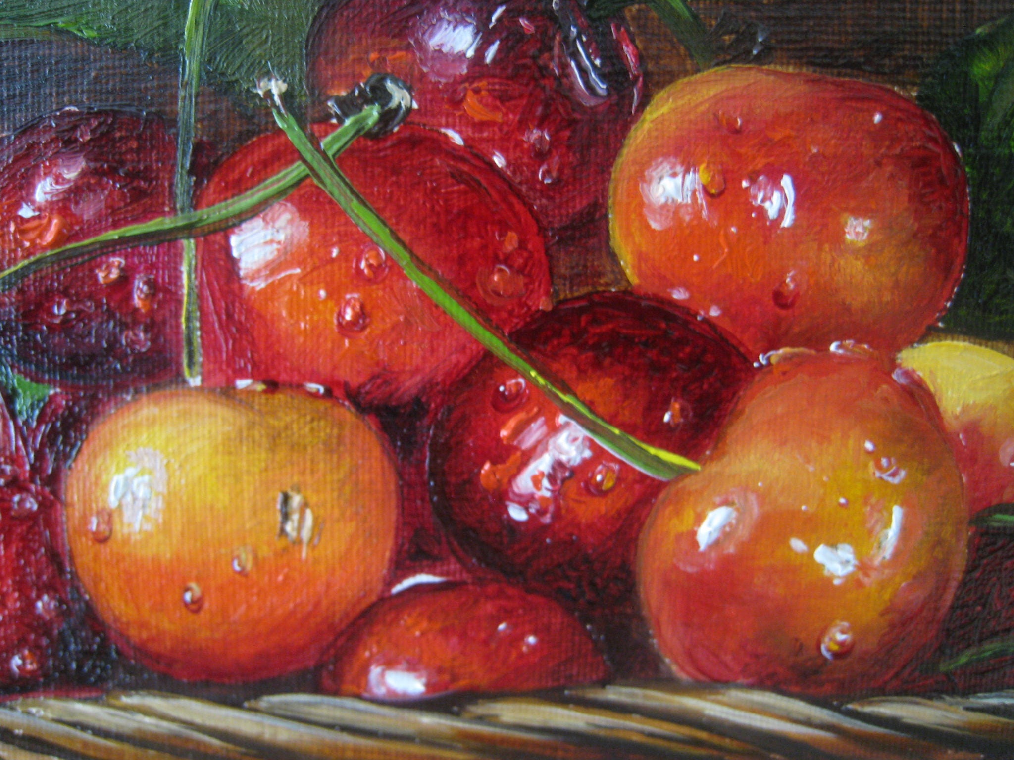 Original Cherry Oil Painting, Realistic Cherries Canvas Small Art ...