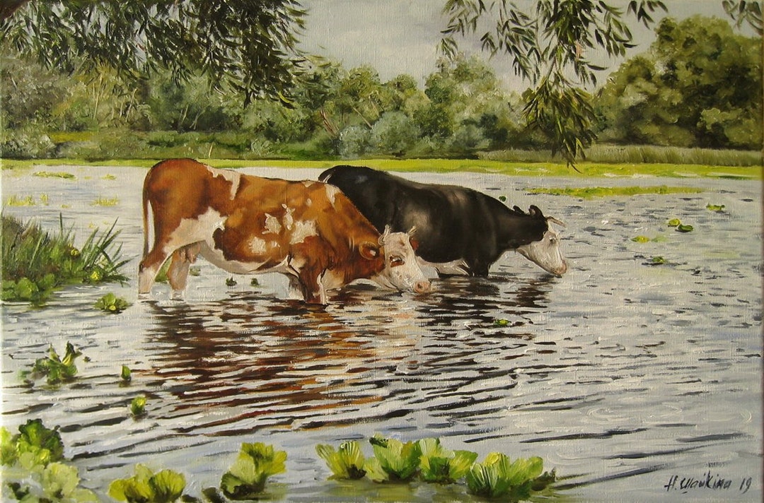 Original Oil Painting Cows at Watering Place, Dairy Cows Oil Canvas ...