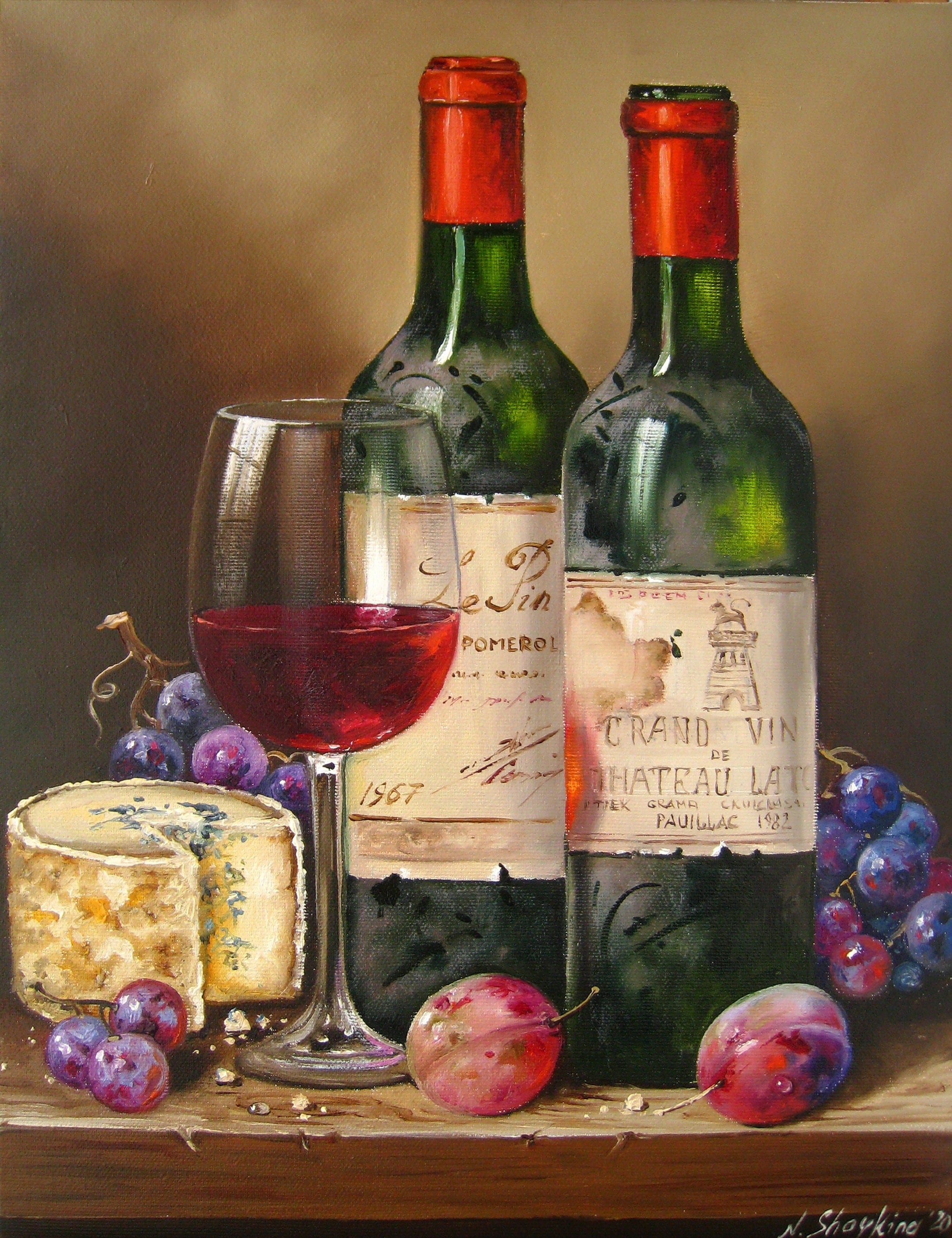 Original Oil Painting Wine and Fruit Still Life on Canvas: Bar Wall Art ...