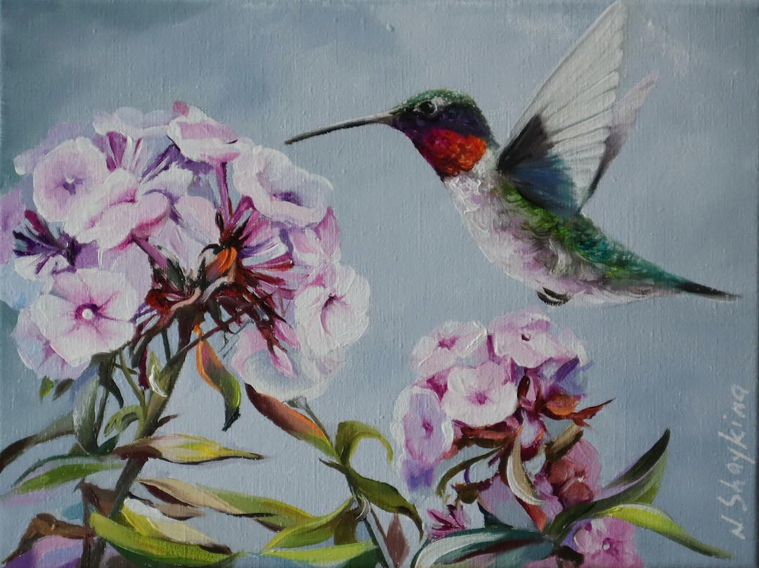 Original Oil Painting Hummingbird, Hummingbirds and Flower Paintings ...