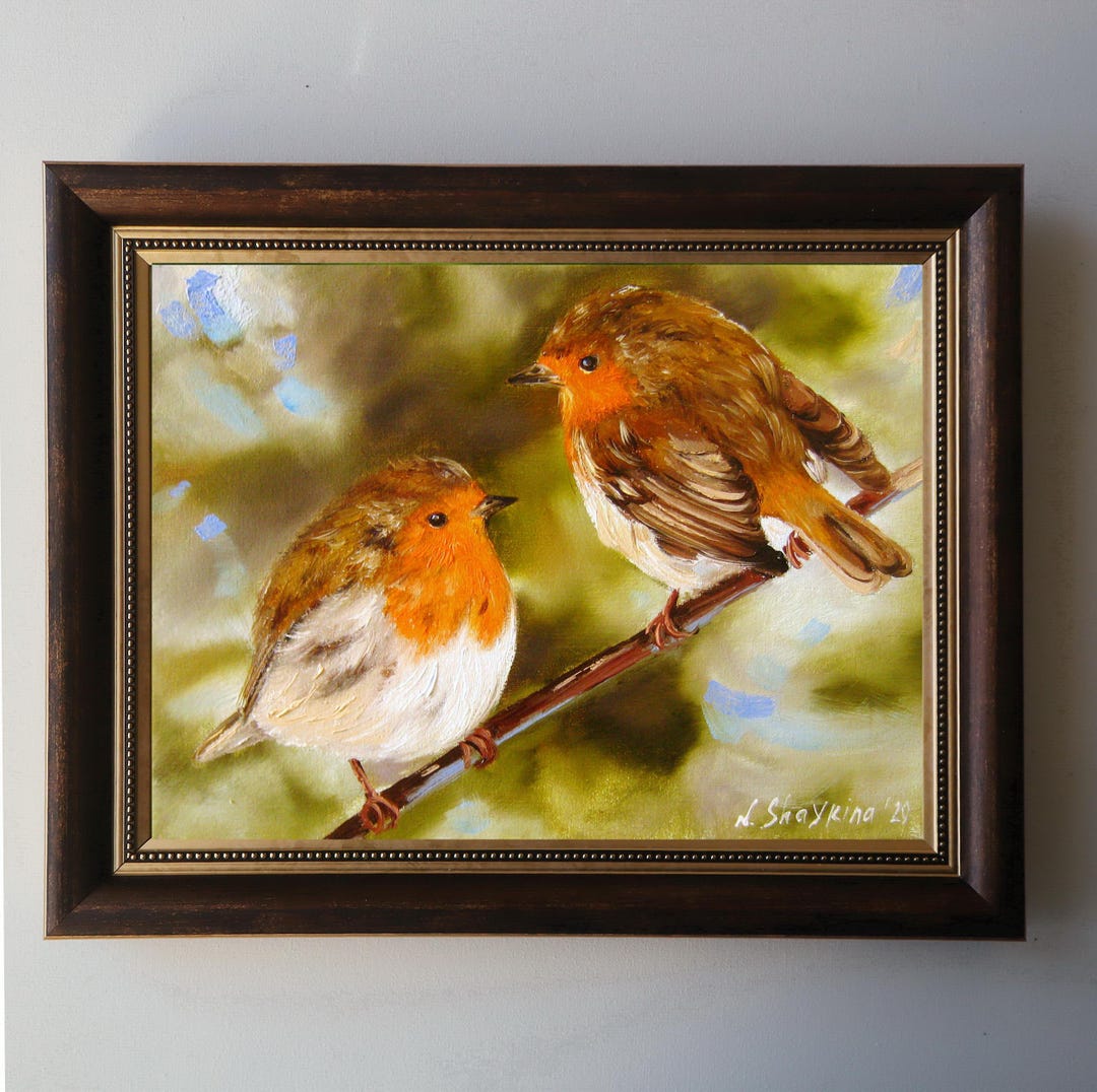 Original Oil Painting Two Robins, Small Bird Art Fot Mom, Nature ...