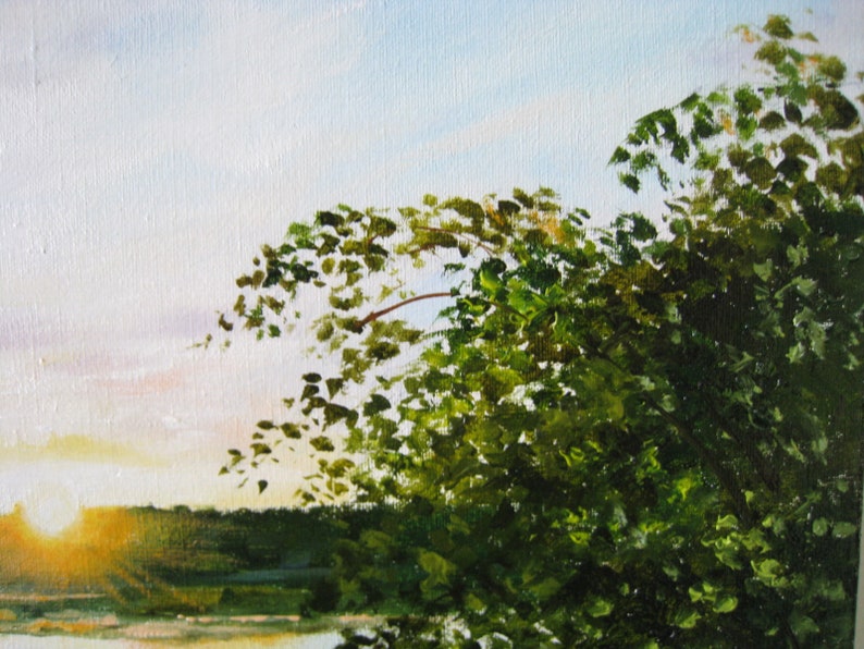 Original Oil Painting, Sunset Landscape Canvas, Riverside Meadow Nature ...