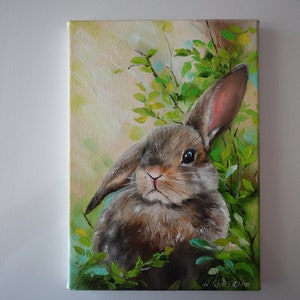 Original Rabbit Oil Painting Canvas, Cute Bunny in Green Grass, Nursery ...