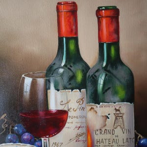 Original Oil Painting Vintage Wine Bottle, Farmhouse Kitchen Still Life ...