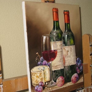 Original Oil Painting Vintage Wine Bottle, Farmhouse Kitchen Still Life ...