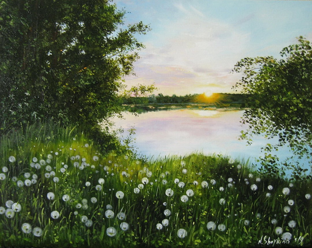 Serene Sunset Landscape Painting, Green Trees Art, Dandelion Meadow ...