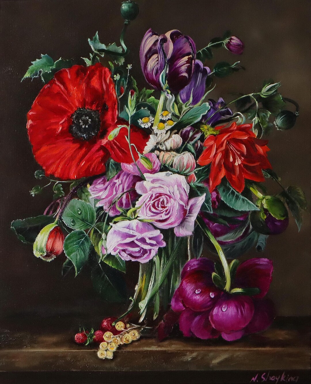 Red Poppy Oil Painting: Dutch Style Floral Still Life, Original ...