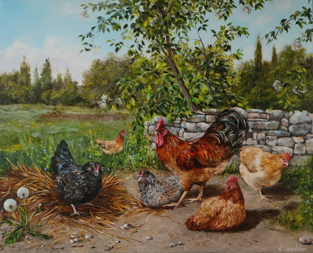 Original Chicken Oil Painting, Chickens in Backyard Paintings, Farm ...