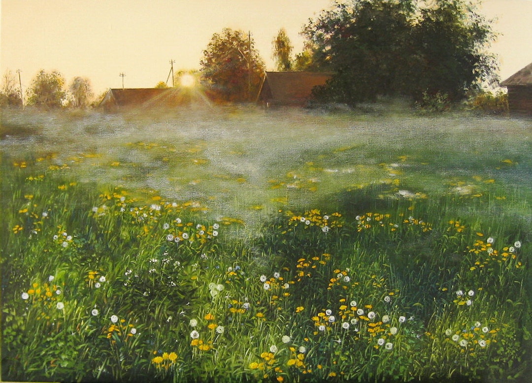 Beautiful Meadow With Wildflowers - Original Oil Painting in Morning ...