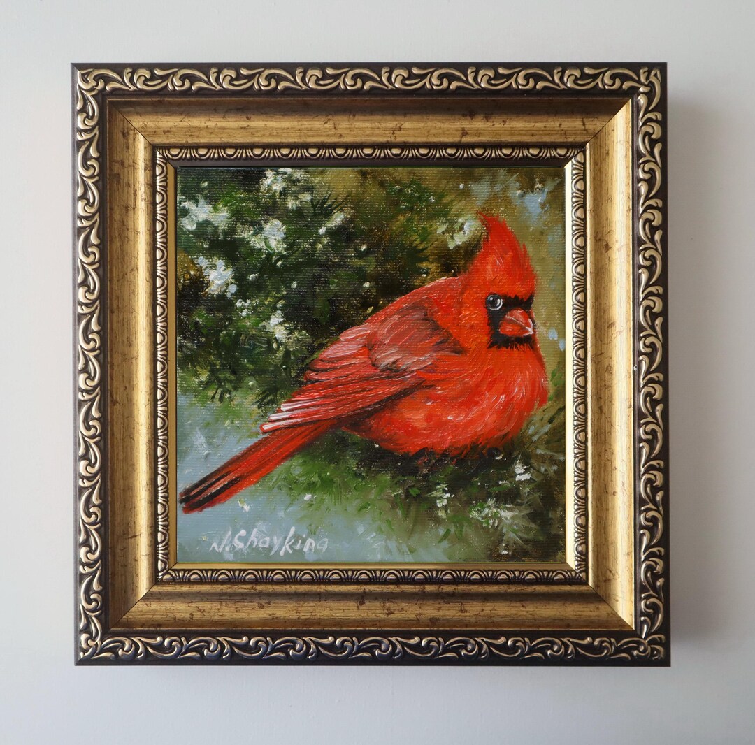 Red Bird Painting Art Canvas Original, Cardinal Painting Framed, Snow ...