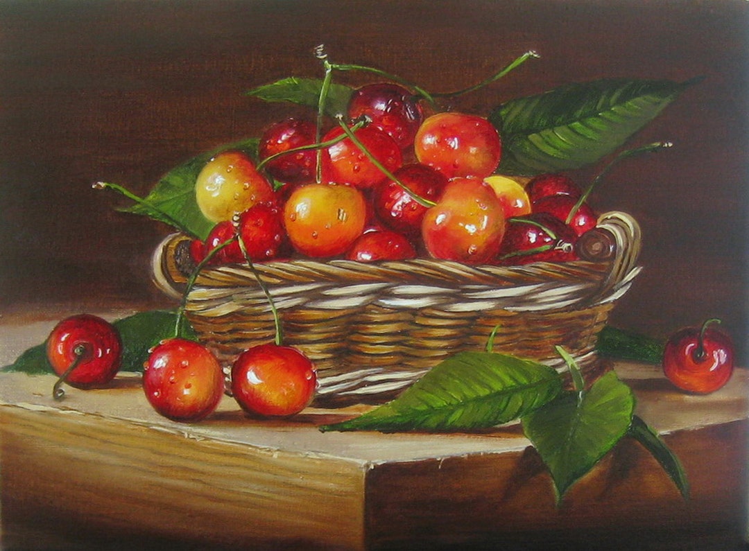 Original Cherry Oil Painting, Realistic Cherries Canvas Small Art ...