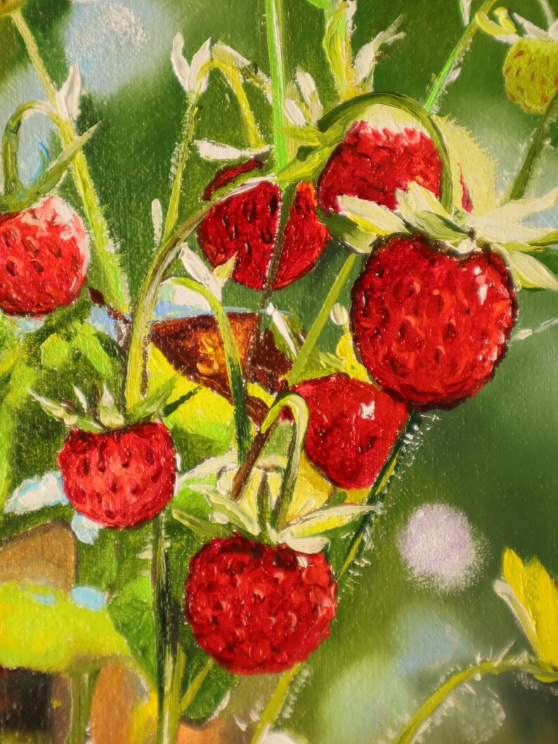 Original Oil Painting Strawberry Bouquet, Wood Scene Paintings on ...