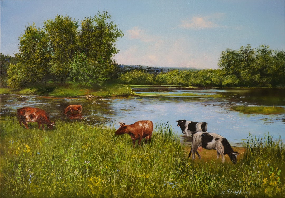 Cow Farm Life Original Oil Painting on Canvas, Farm Animal Fine Art ...
