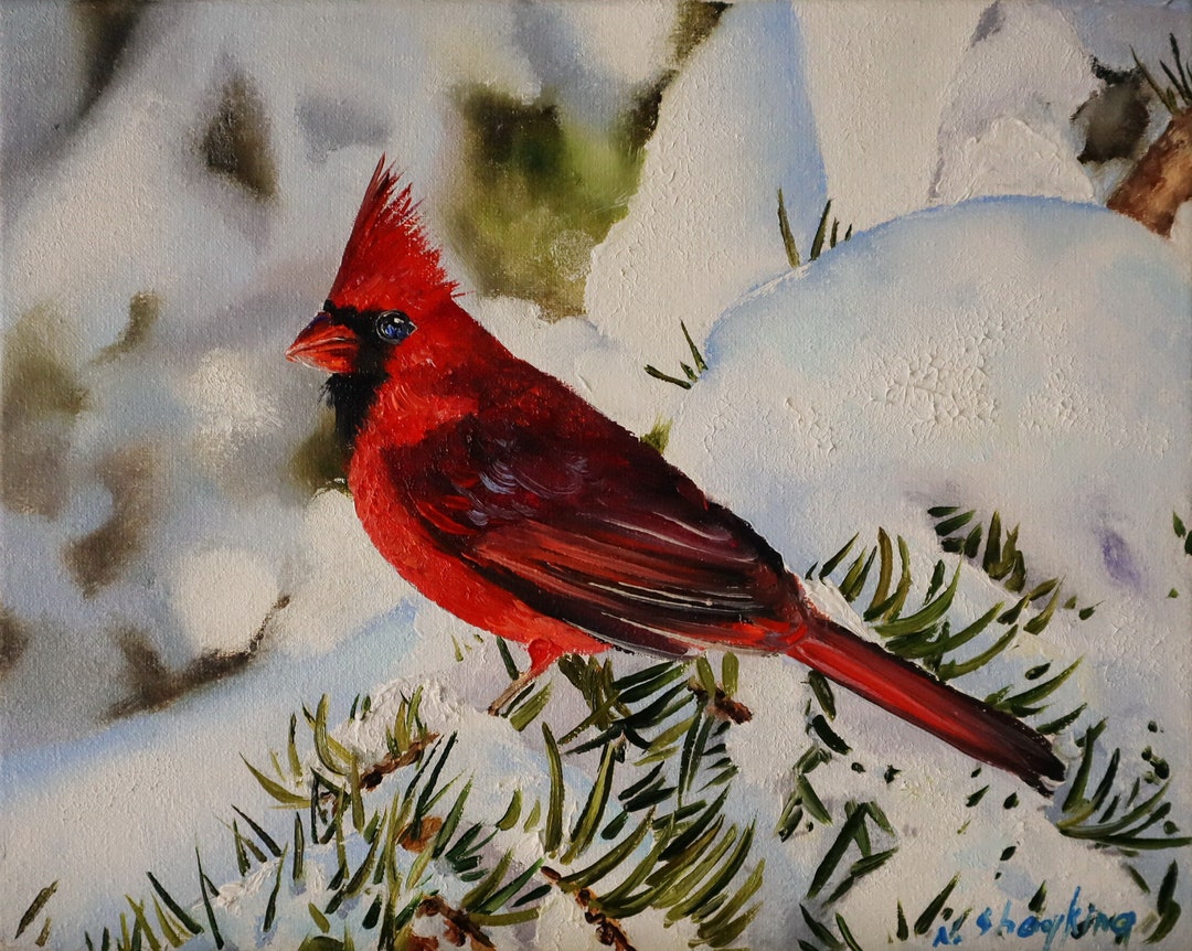 Cardinal Oil Painting: Winter Wildlife Art, Original Xmas Bird Canvas ...