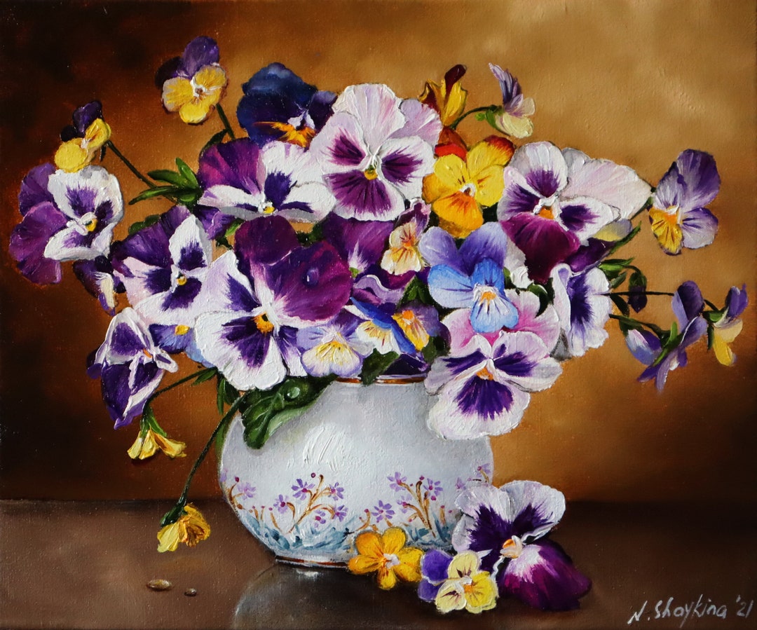 Pansy Oil Painting, Pansies Still Life Original Art Floral Wall Art ...