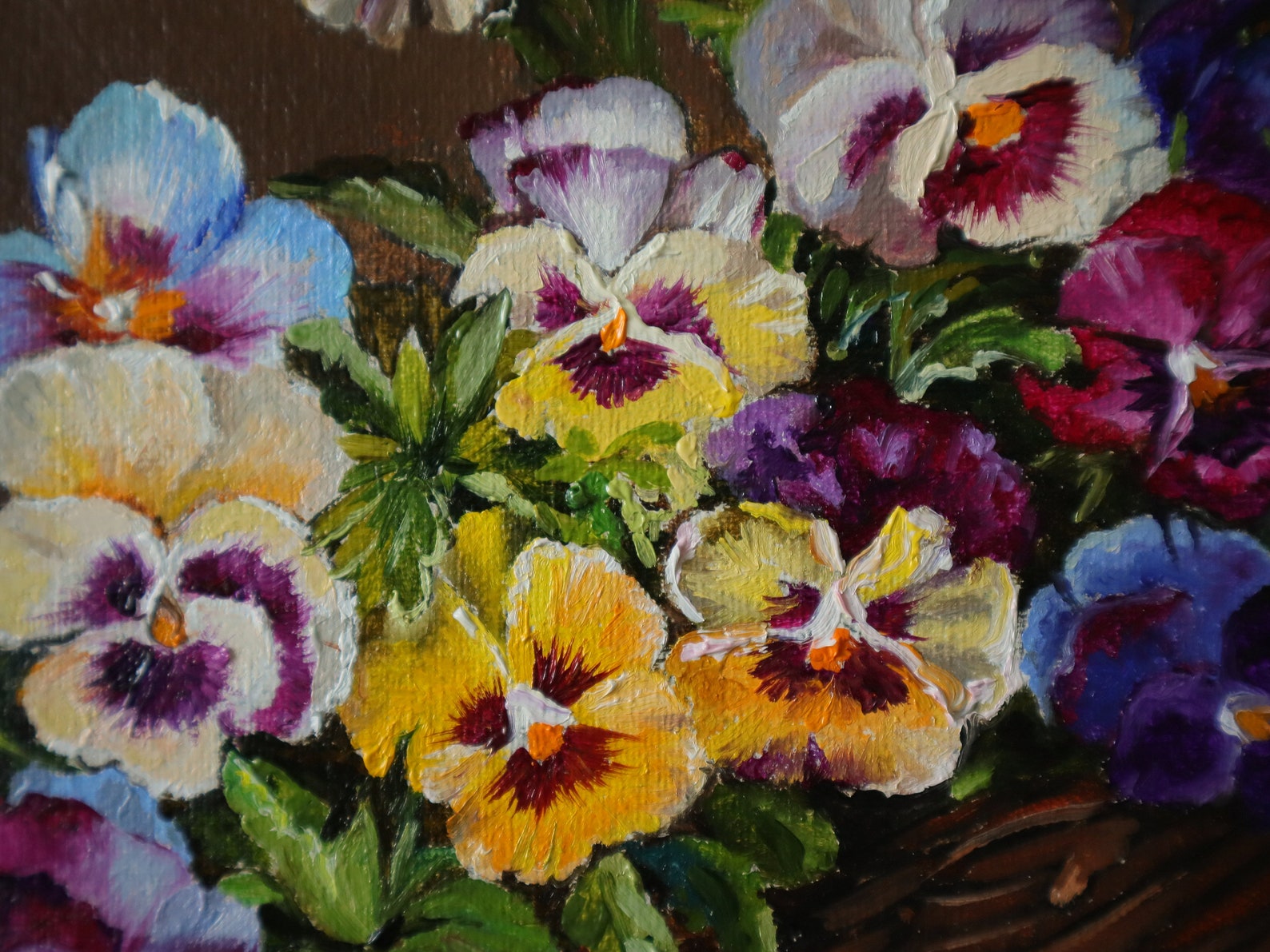 Pansies Oil Painting, Original Floral Still Life Pansy in Rustic Basket ...