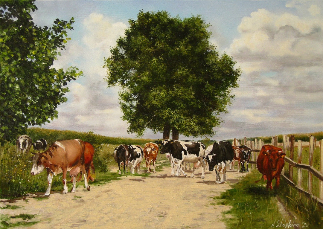 Cattle Landscape Oil Painting, COWS HERD Wall Art Original, Black and ...