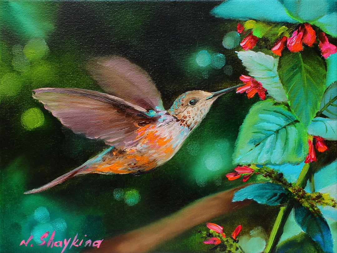 Hummingbird Original Oil Painting on Canvas, Bird and Flowers Nature ...