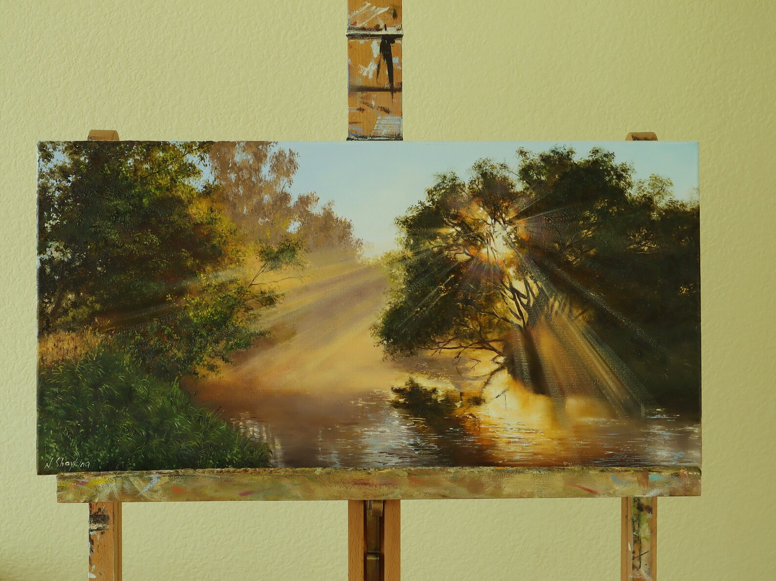 Original Oil Painting Sunrise Through Trees, Calm River Landscape ...