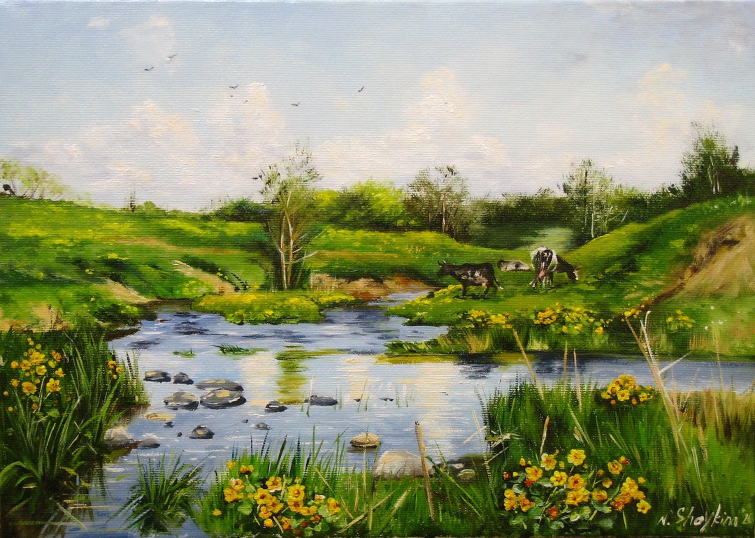 Spring Cows in Meadow - Original Oil Painting on Canvas, Farm Wall Art ...