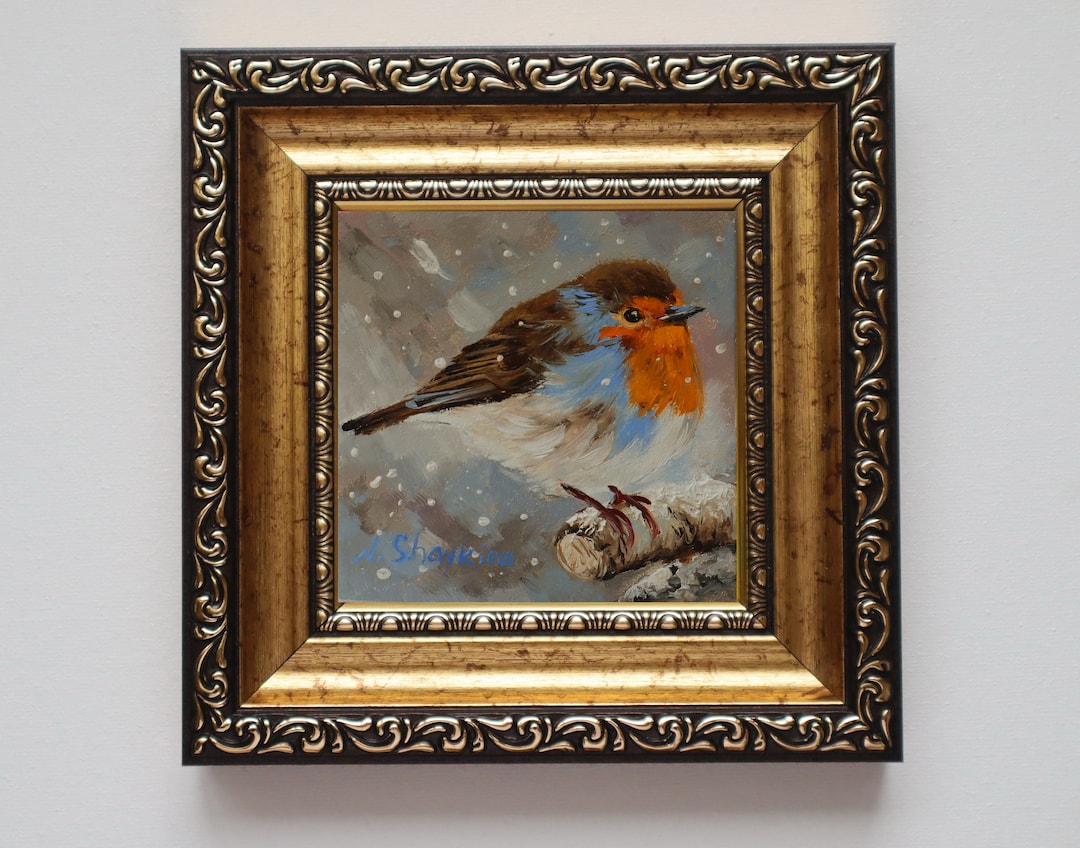 Framed Robin Bird Oil Painting: Miniature Winter Art 4x4 - Etsy